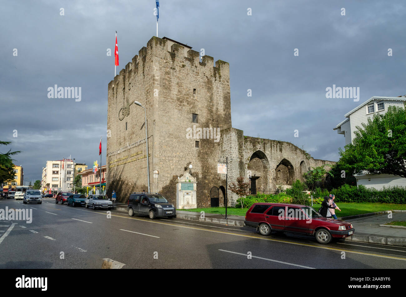 Trabzon Castle in the central square. Turkey flag. Trabzon - Turkey: 11 ...
