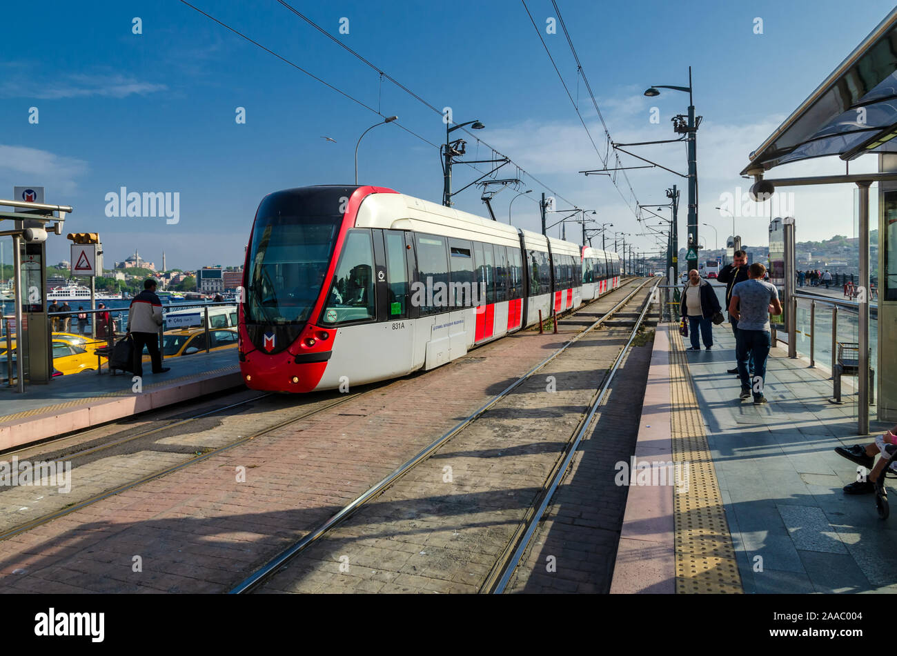 Istanbul / Turkey - May 02, 2018 ; A modern tram for transportation at ...