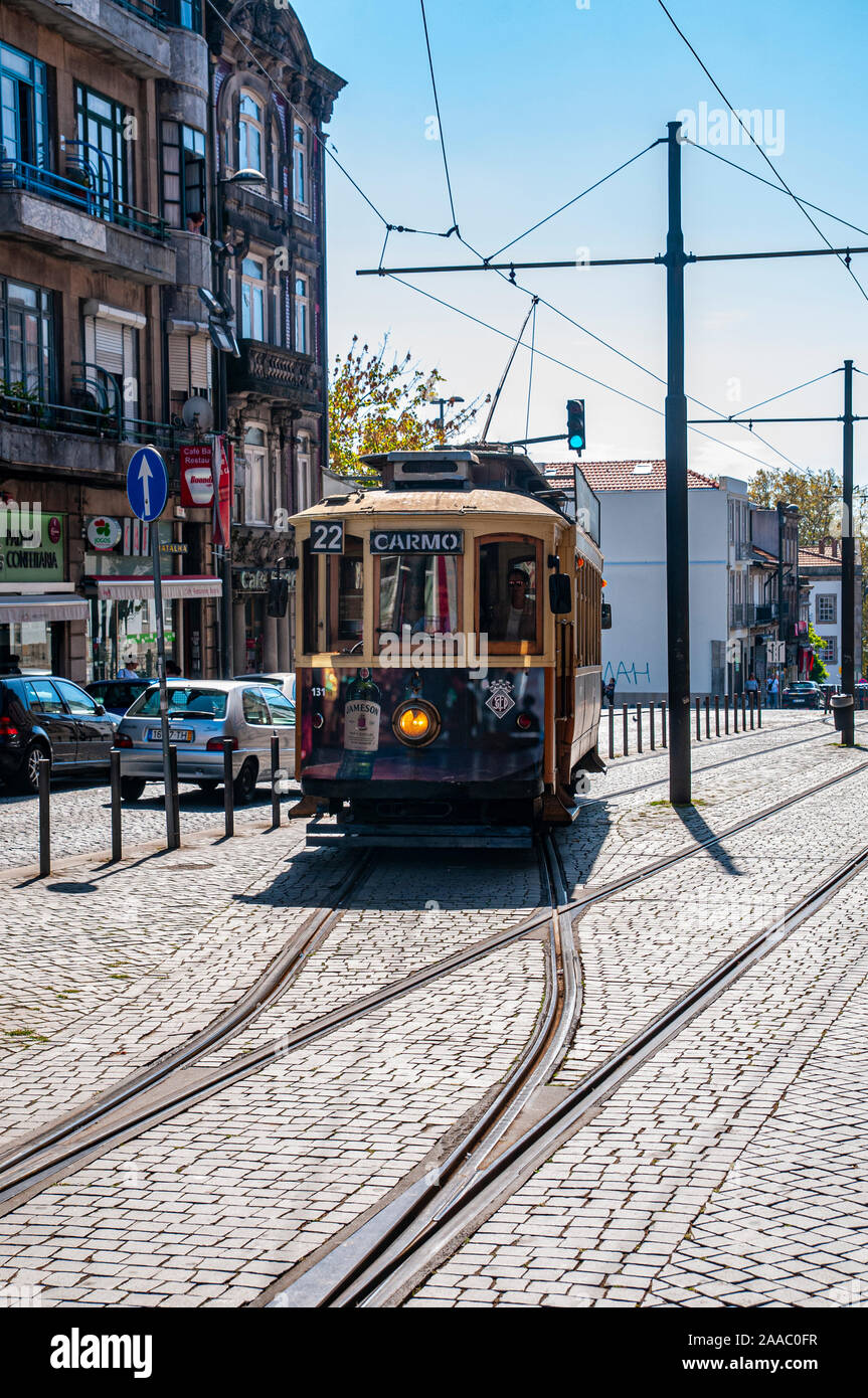 Old style heritage tram at Batalha Square (Praca da Batalha) in Se ...