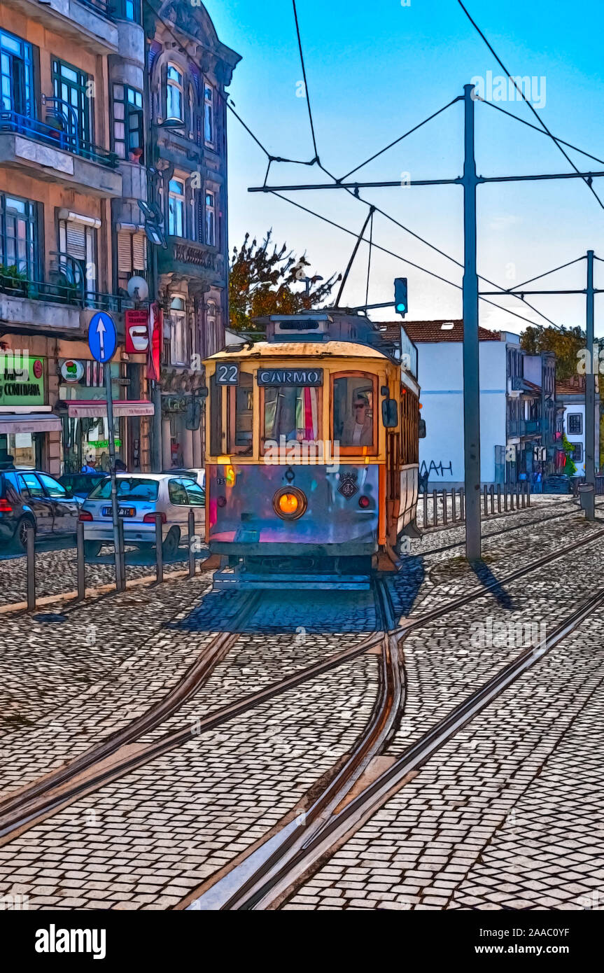 Digitally enhanced image of an Old style heritage tram at Batalha ...