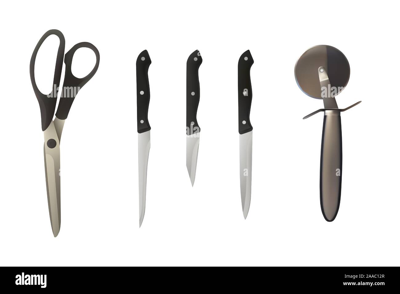 Knife set with black handle. Cutter pizza and scissors. Different type ...