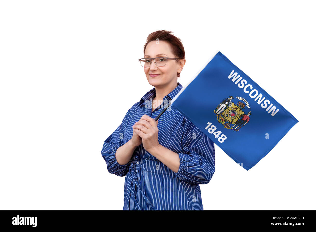 Wisconsin flag. Woman holding Wisconsin flag. Nice portrait of middle ...
