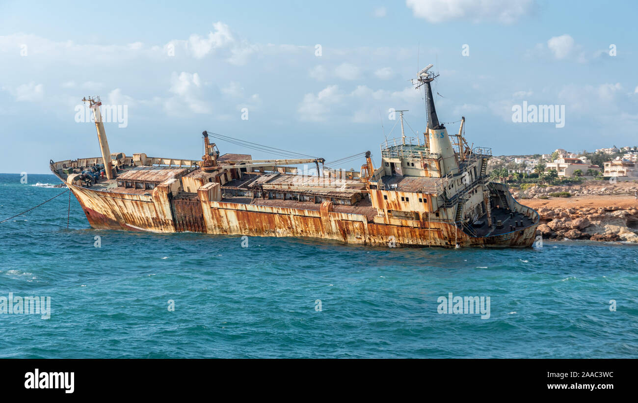 Cyprus, Paphos. Shipwreck. The ship crashed on the coastal rocks. Rusty ...