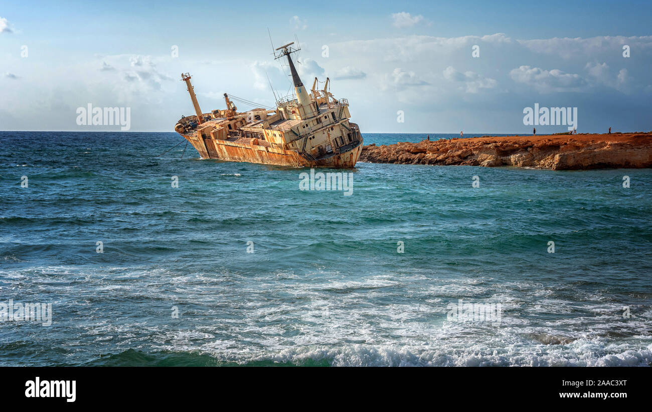 Cyprus, Paphos. Shipwreck. The ship crashed on the coastal rocks. Rusty ...