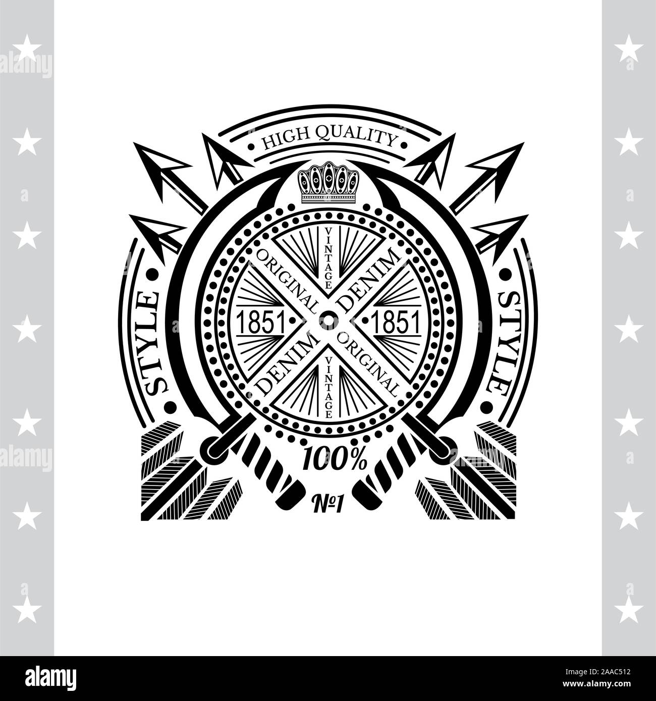 Cross arrows with round frame between two swords in center. Heraldic ...