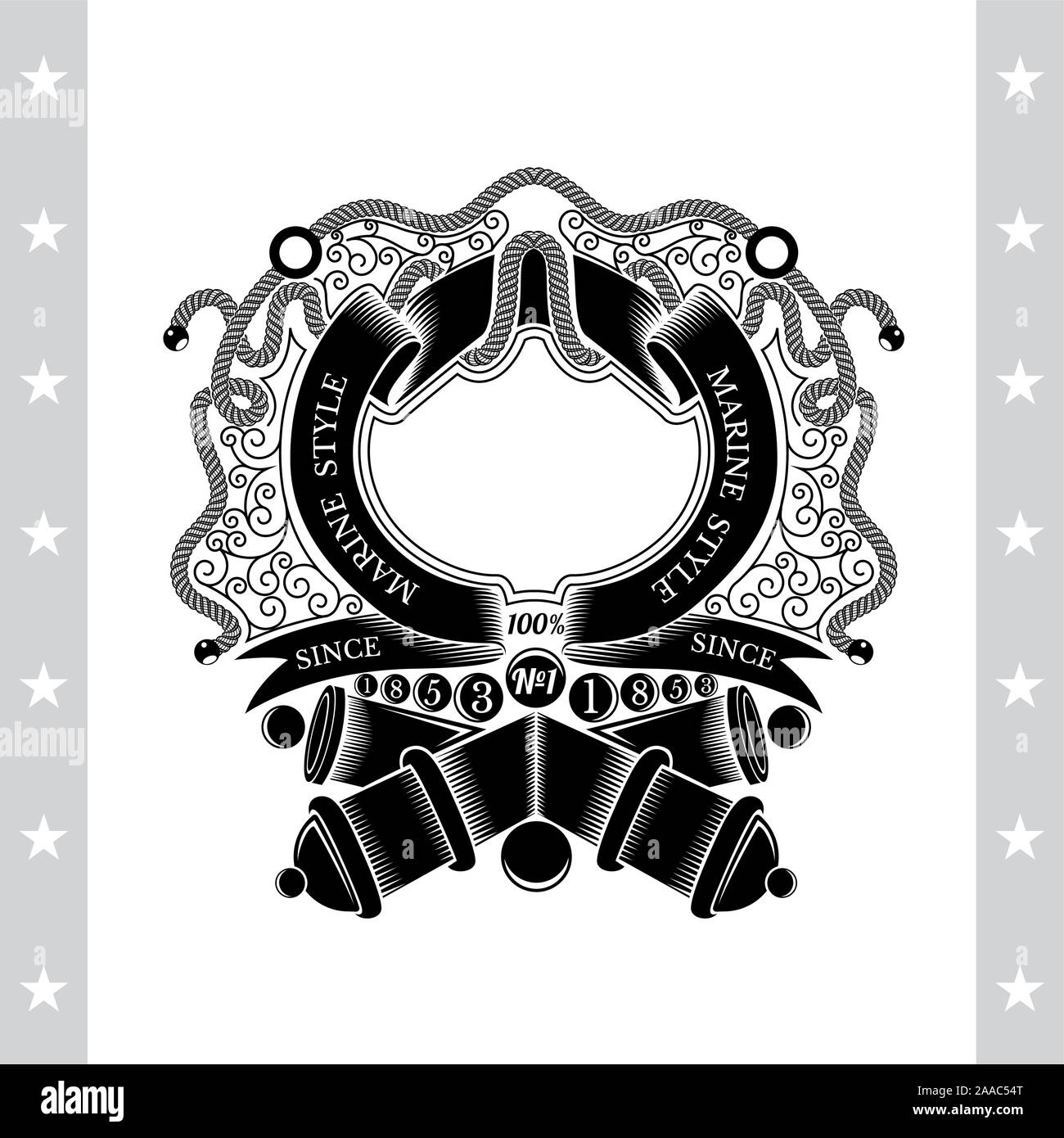 Cross cannons with cannonballs and frame from ribbon in center of line ...