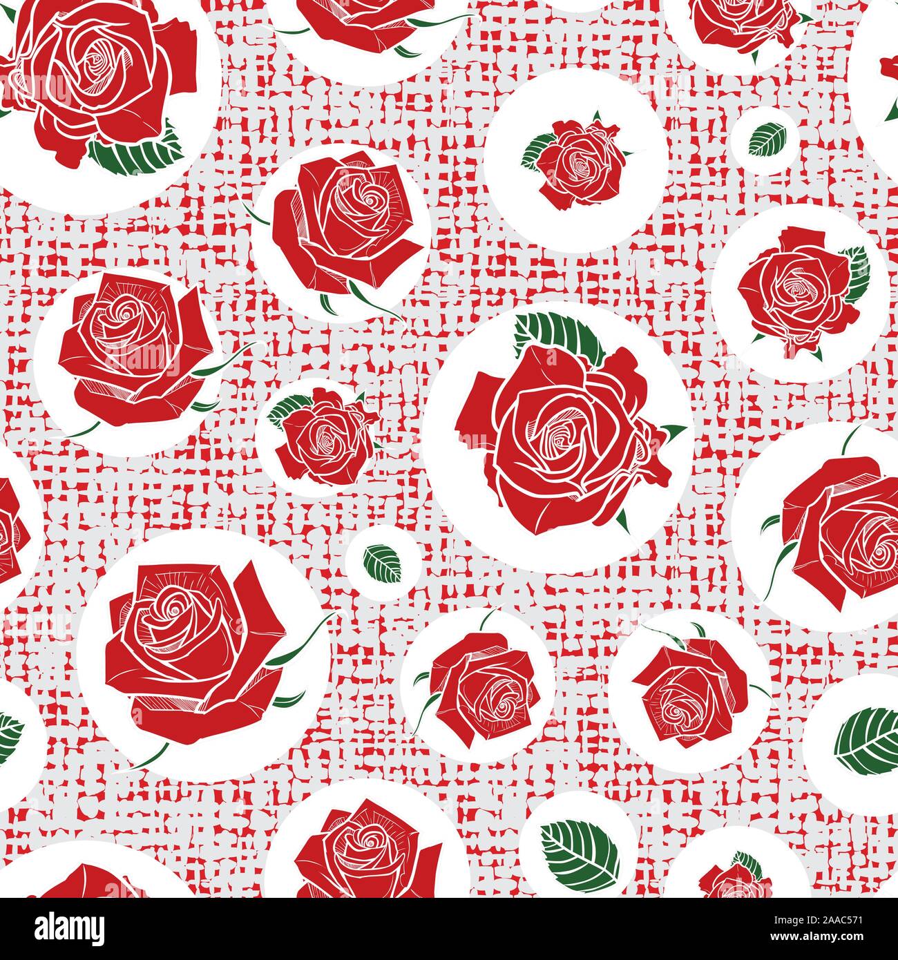 Vector red roses circles seamless pattern with canvas background ...