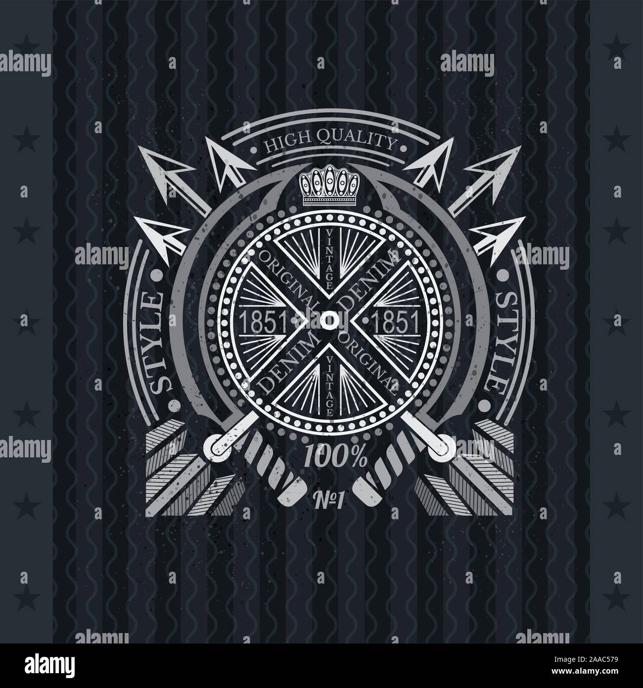 Cross arrows with round frame between two swords in center. Heraldic ...