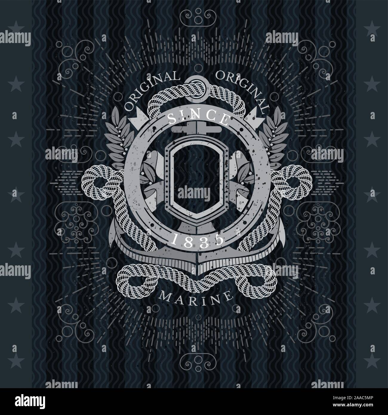 Round Ribbon Frame With Anchor And Rope. Sea Vintage Label On ...