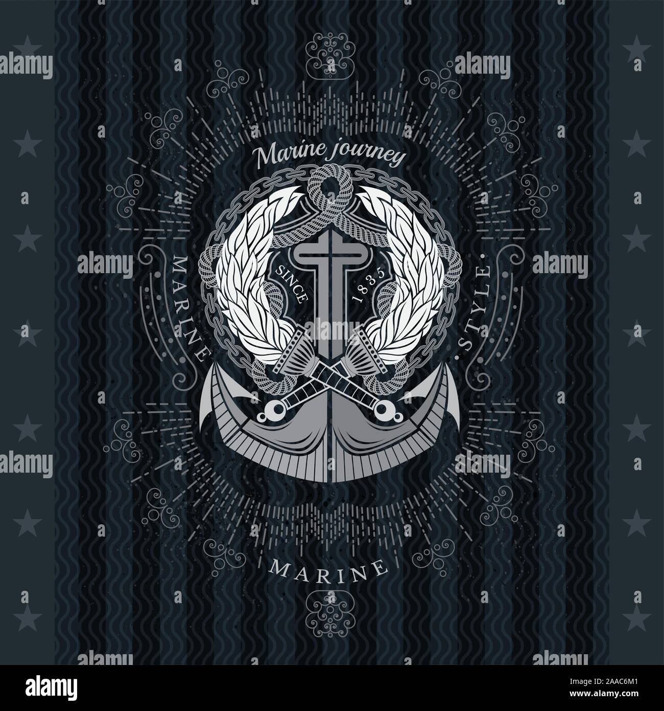 Two Torch Cross And Anchor in Centre. Sea Vintage Label On Blackboard ...