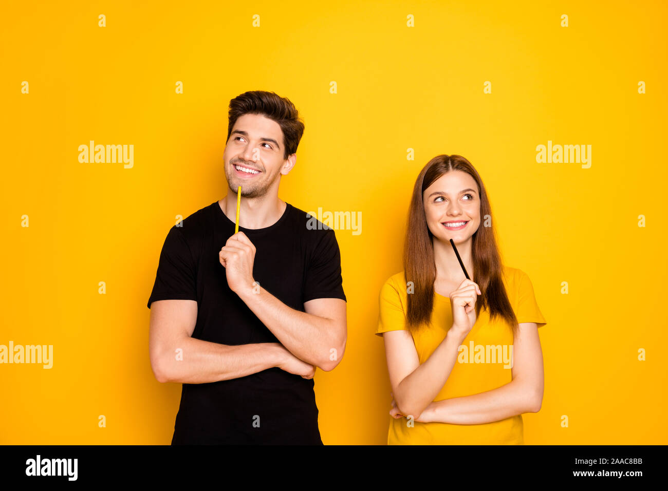 Photo of cheerful positive cute nice charming couple of two people ...