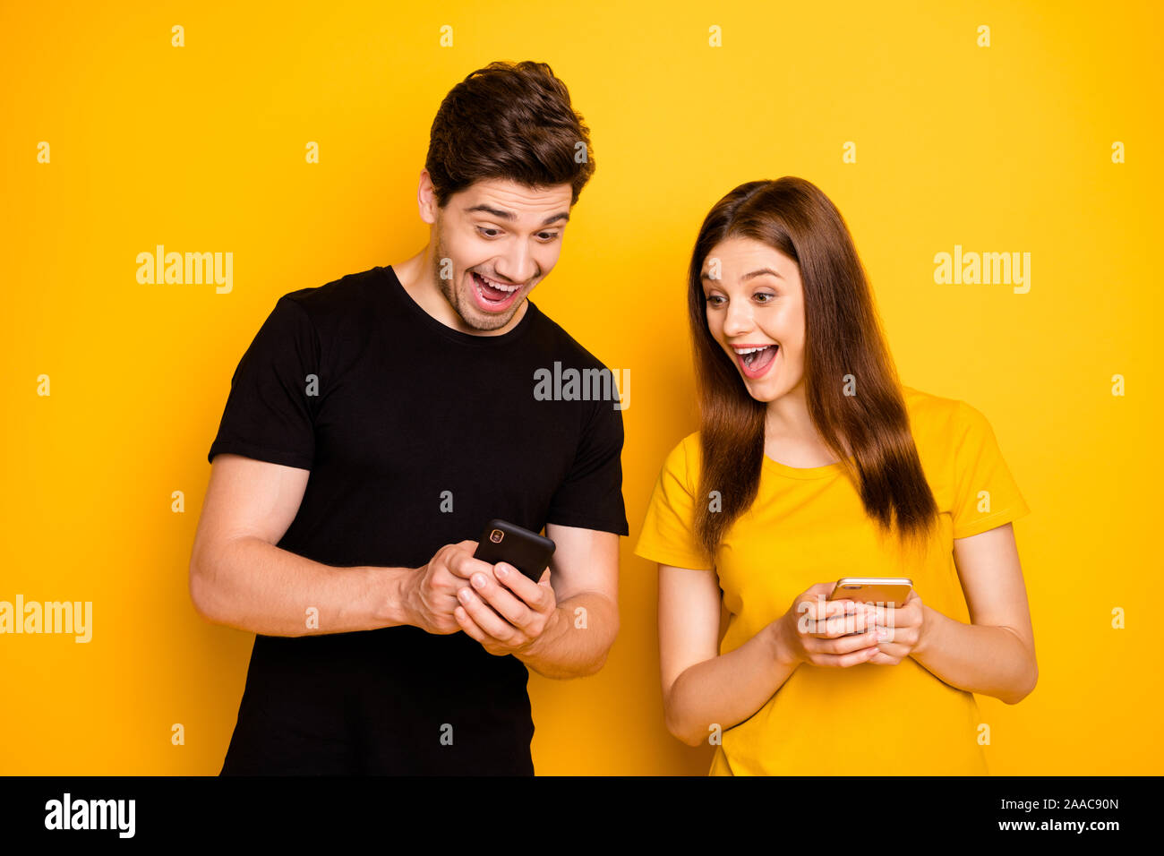 Photo of cheerful excited ecstatic nice overjoyed funky funny couple ...