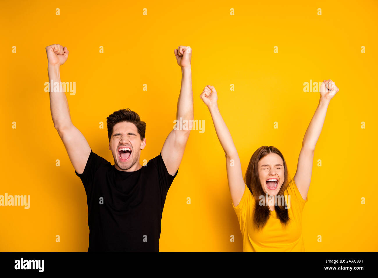 Photo of excited ecstatic rejoicing couple of boyfriend and girlfriend ...