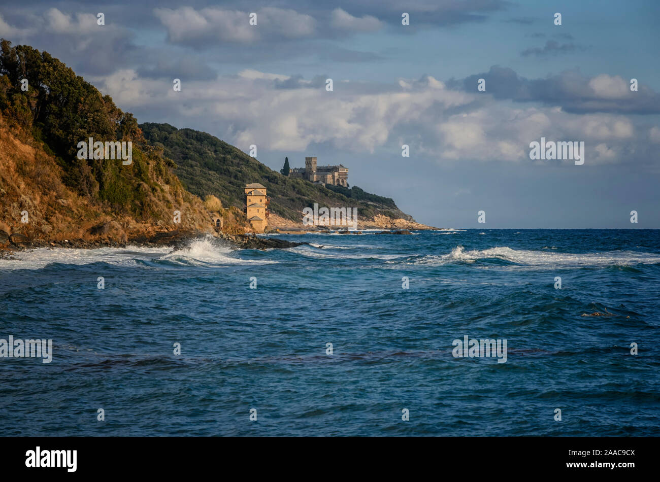 Stavronikita monastery view from Iviron port, Mount Athos, Greece Stock ...