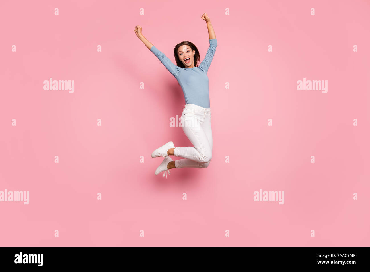 Turned full length body size photo of cheerful positive crazy excited ...