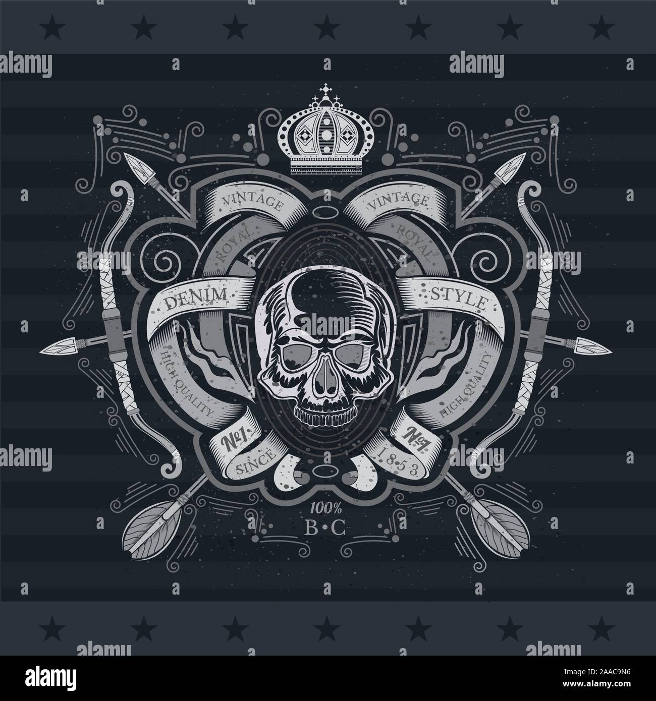 Skull front view between winding ribbons pattern and cross arrows with ...