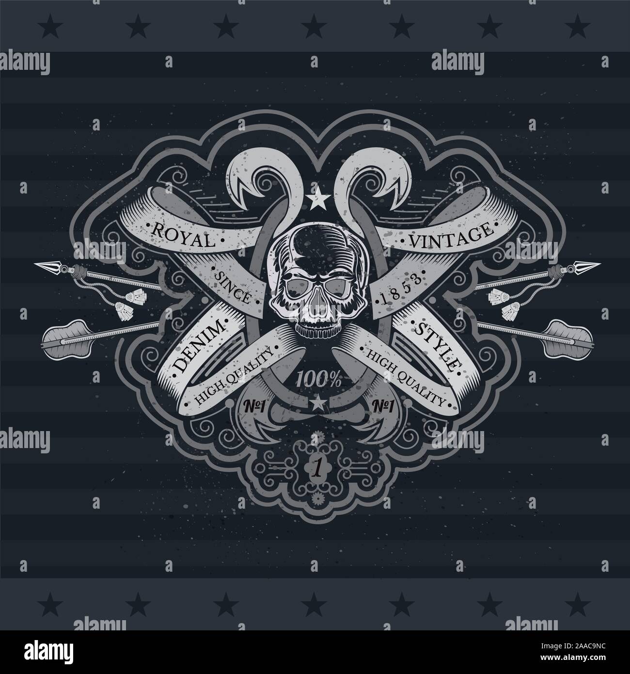 Skull front view between winding ribbons pattern and cross arrows ...