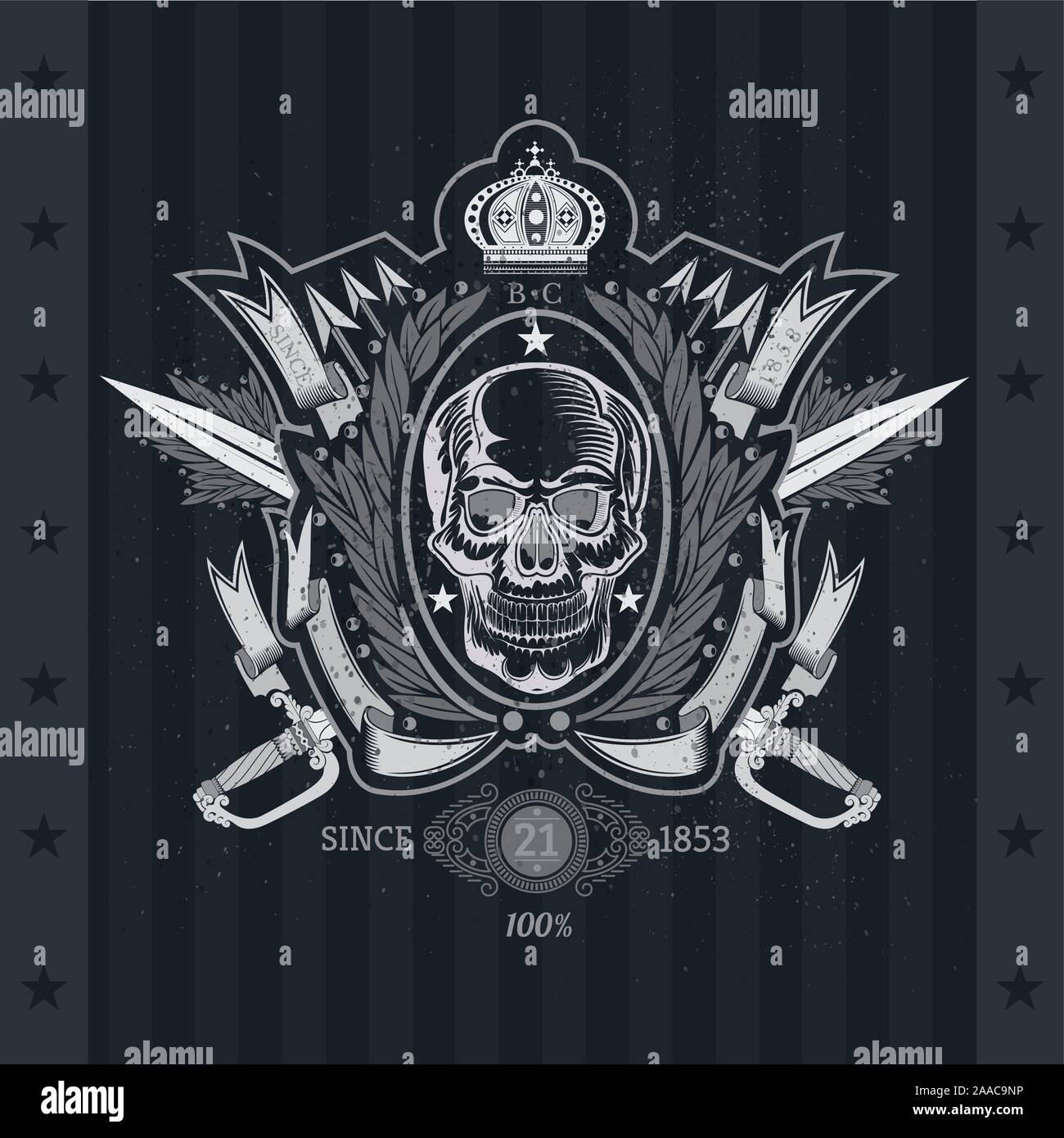 Skull front view in center of laurel wreath with cross sabers and ...