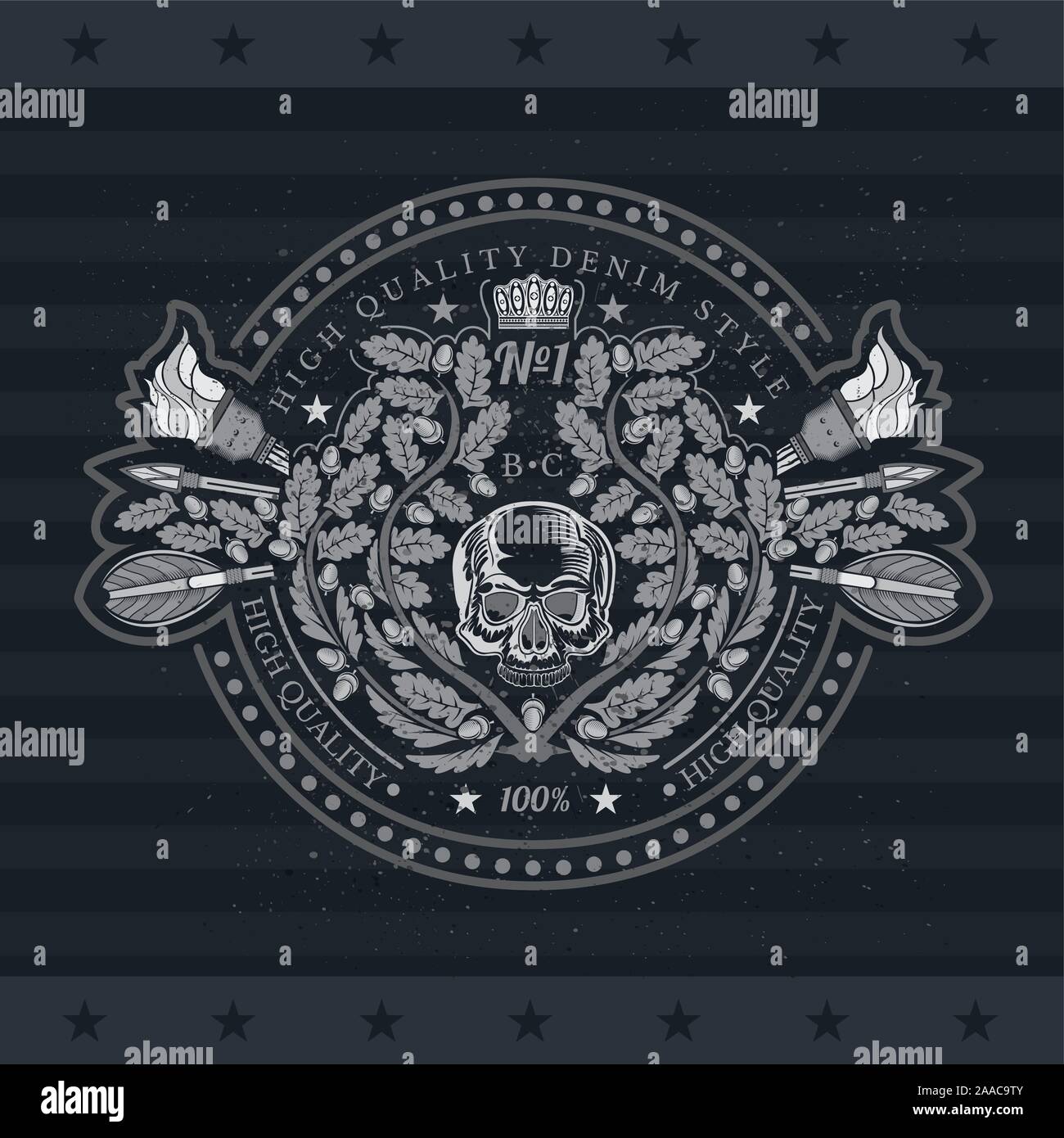 Skull front view in center oak wreath with cross arrows and torches ...