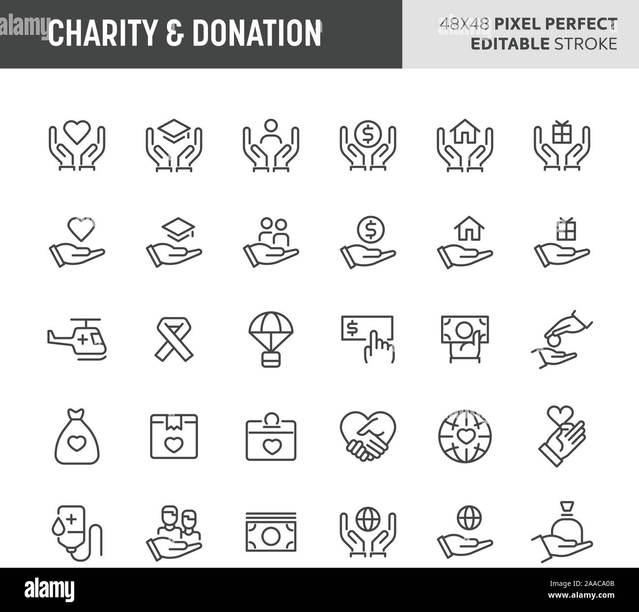30 thin line icons associated with charity & donation. Symbols such as ...