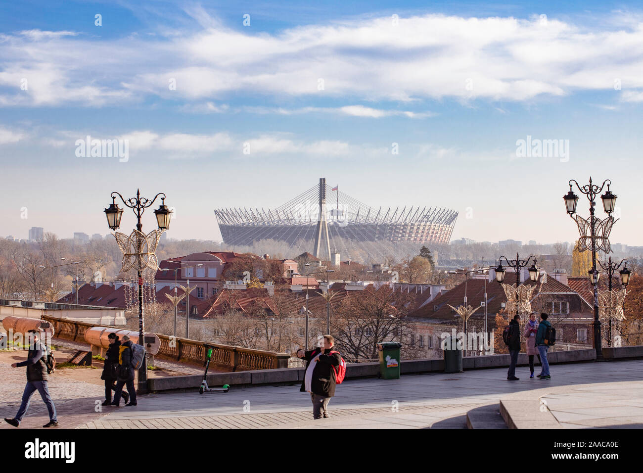 View from the Castle Square to National Stadium. Warsaw landmarks ...