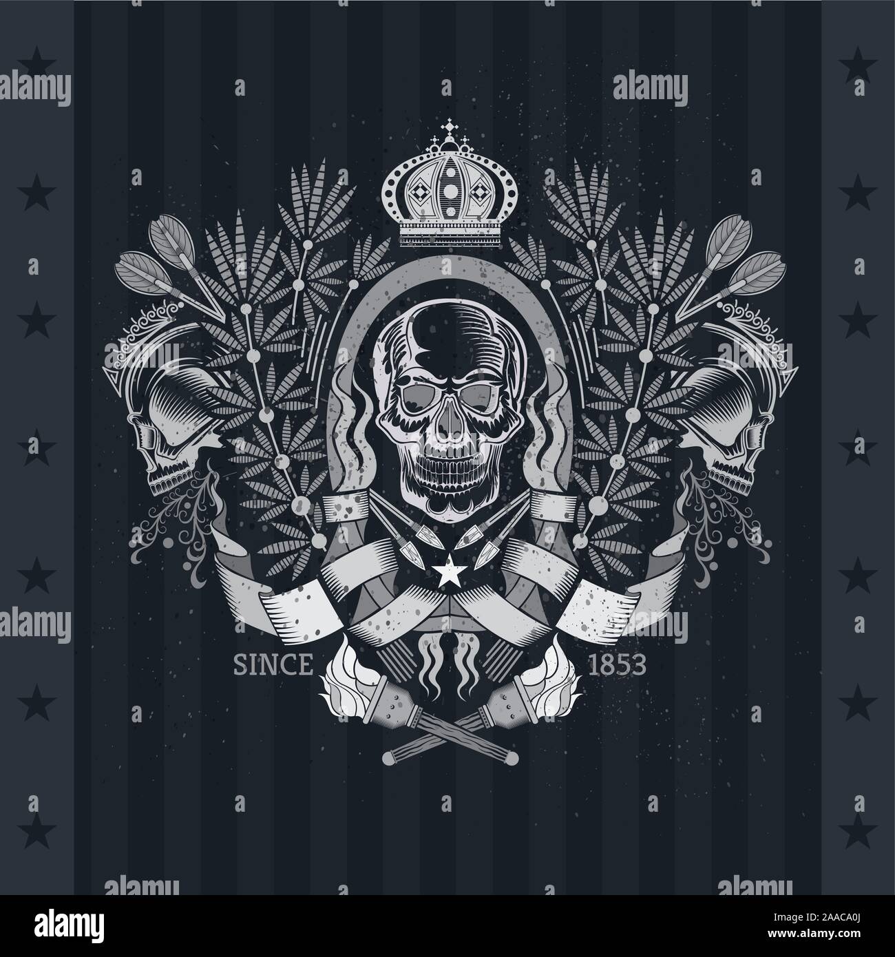 Skull front view in center of laurel wreath with cross torches and ...