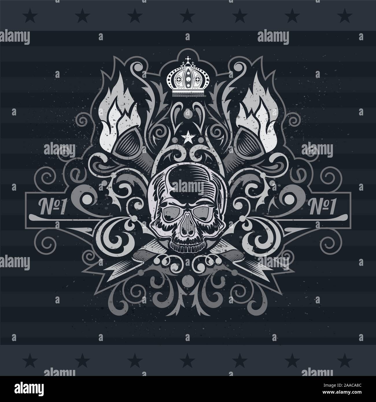 Skull front view in center of floral pattern and cross torches ...