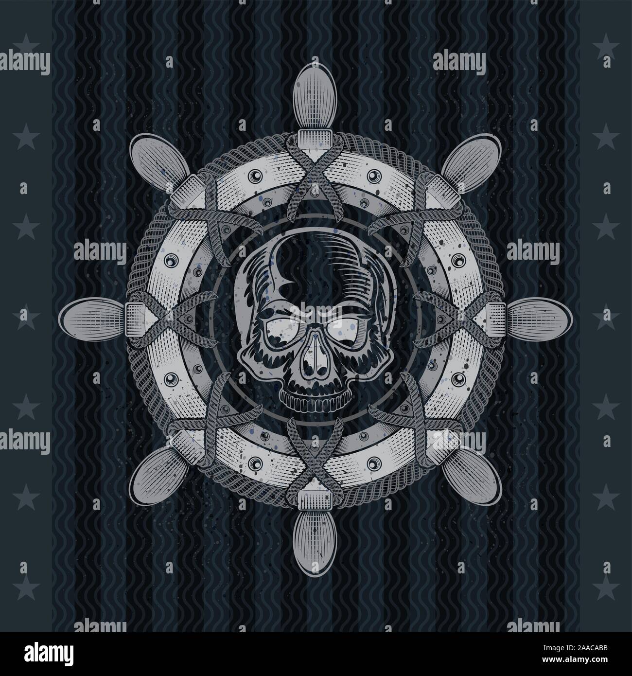 Skull front view in center of ship wheel. Marine vintage label on white ...