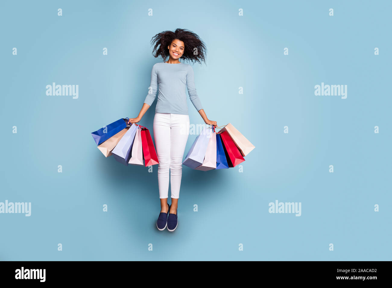 Full length body size photo of casual cheerful fun positive girlfriend ...