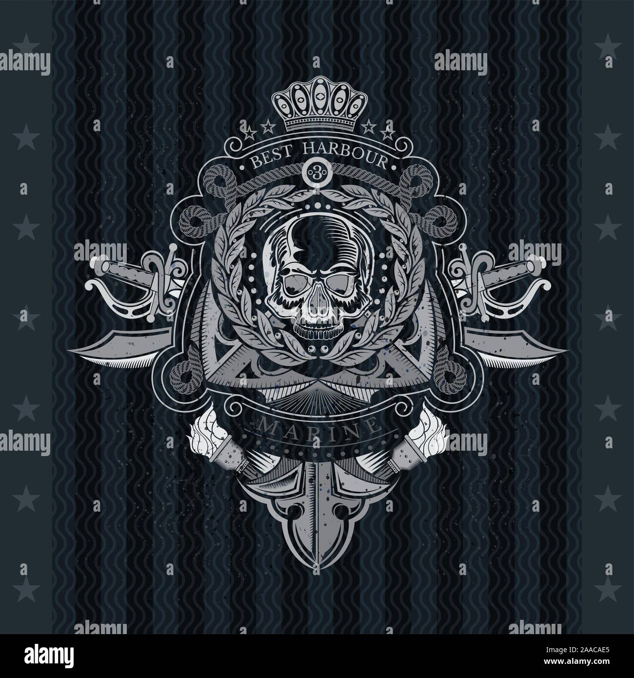 Skull front view in center of wreath with cross swords and anchor ...