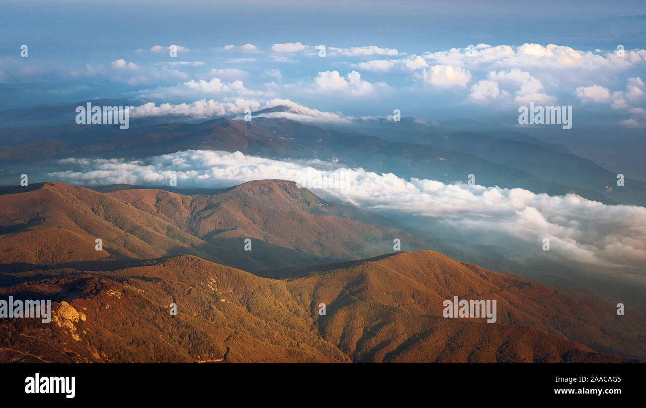 A view from the top of the Agion Oros (Athos Mountain) in Greece ...