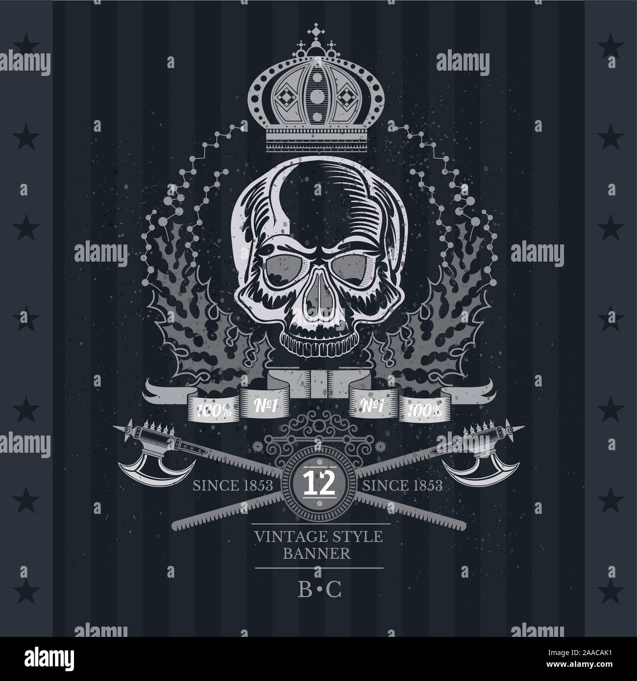 Skull front view without a lower jaw in center of floral wreath with ...