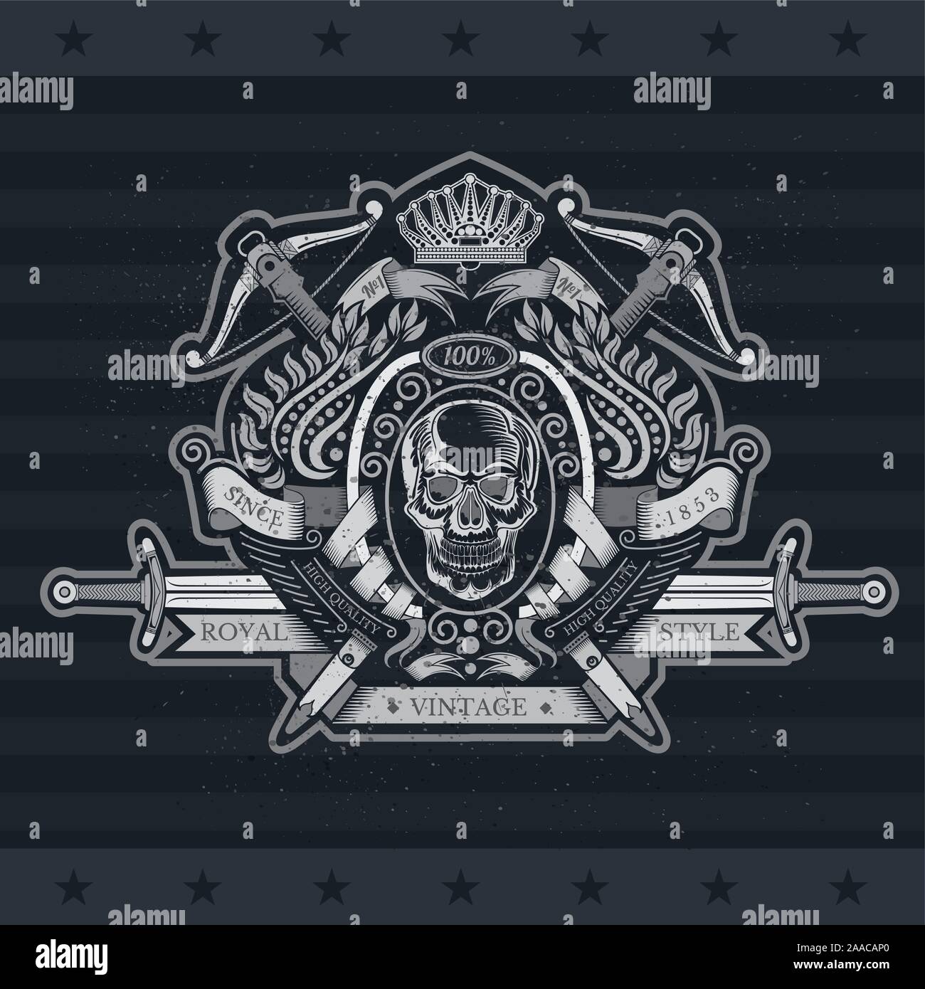 Skull front view in center wreath with crossbow and sword. Heraldic ...