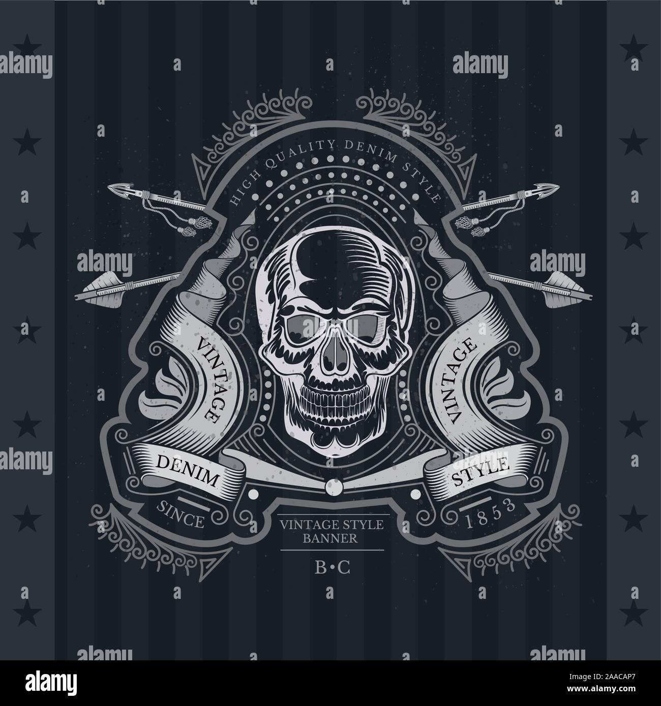 Skull front view in center of winding ribbon with cross arrows and line ...