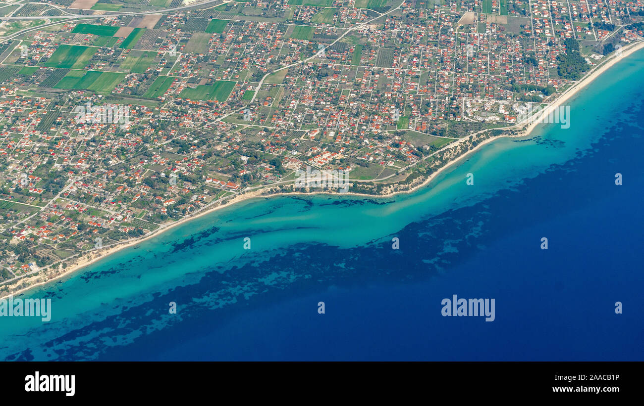 Aerial view of fields with traditional Greek agriculture seen from an ...