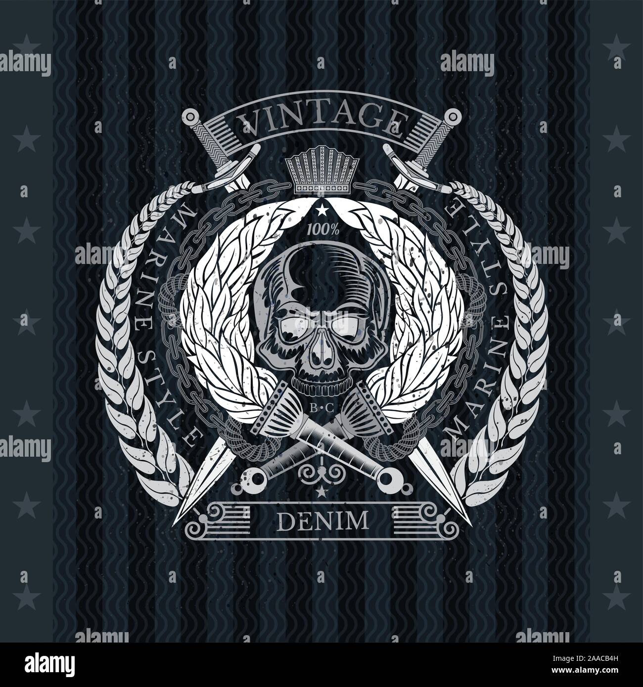 Skull front view with cross swords and torch. Heraldic vintage label on ...