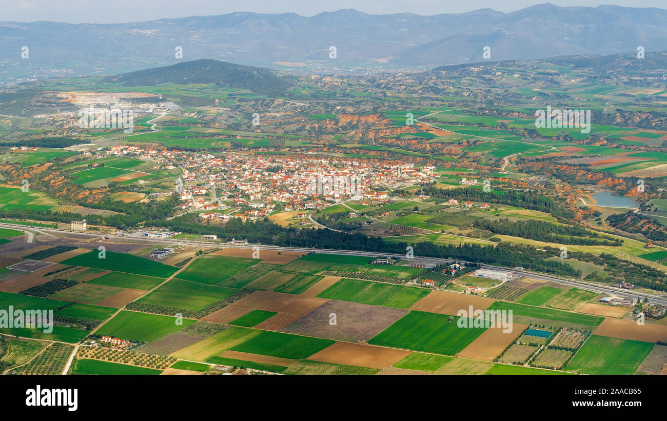 Aerial view of fields with traditional Greek agriculture seen from an ...