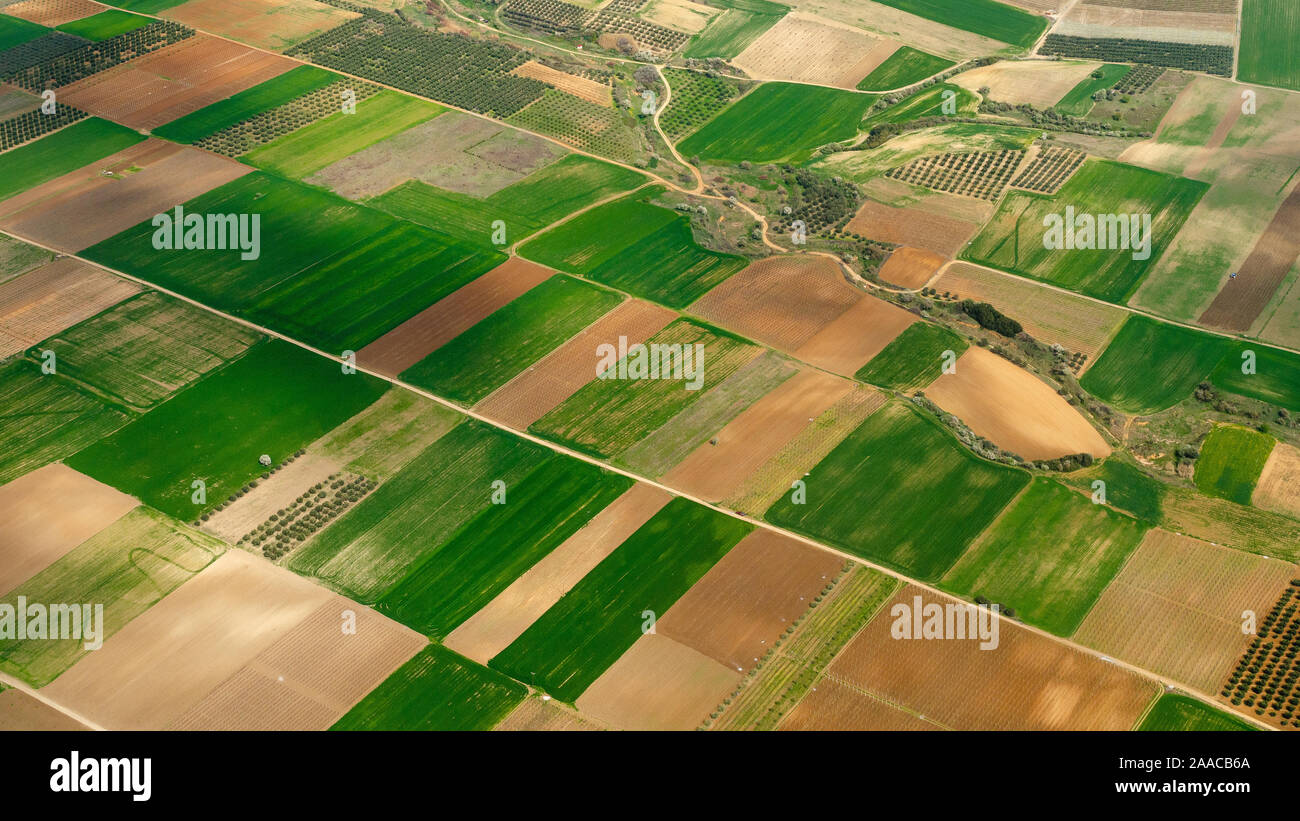 Aerial view of fields with traditional Greek agriculture seen from an ...