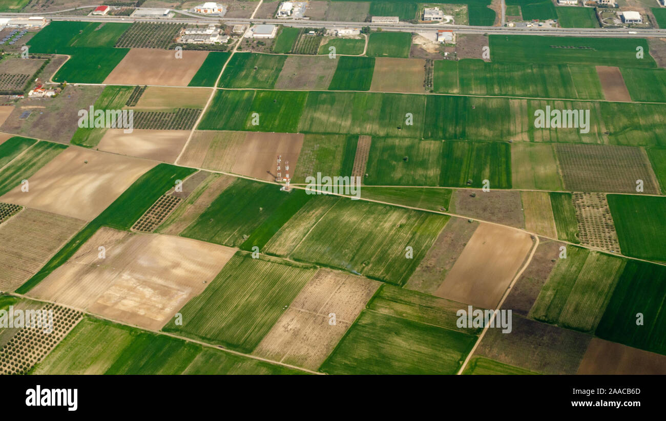 Aerial view of fields with traditional Greek agriculture seen from an ...