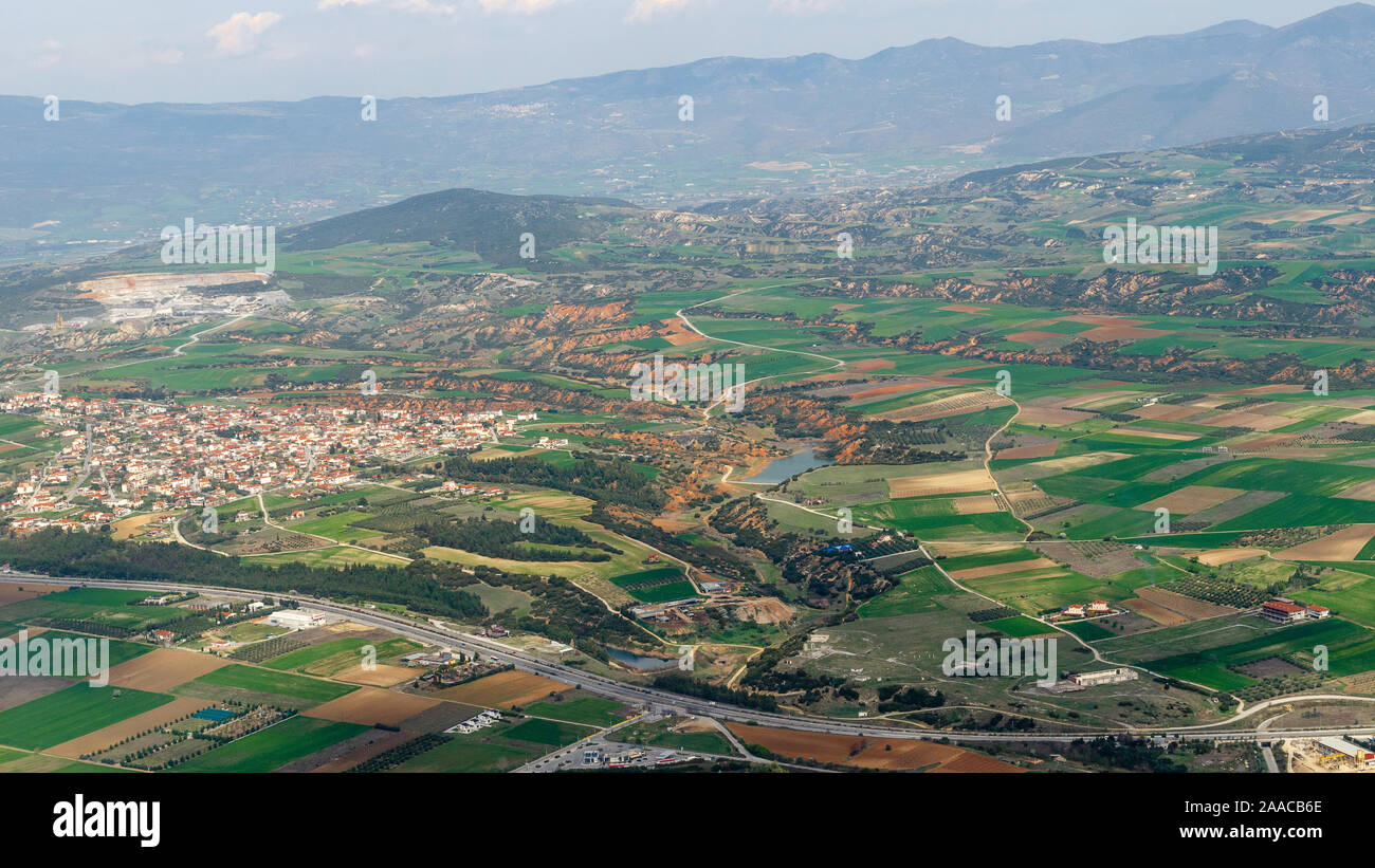 Aerial view of fields with traditional Greek agriculture seen from an ...