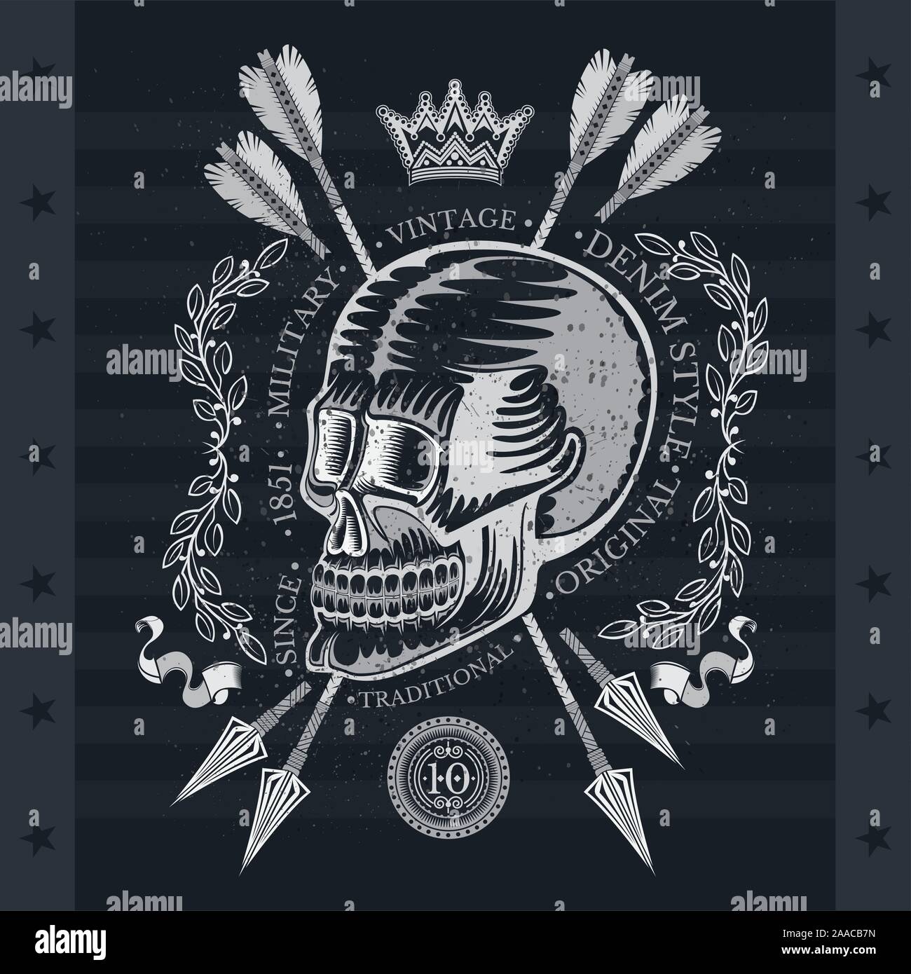 Skull with cross arrows with ray and crown. Military heraldic habel on ...