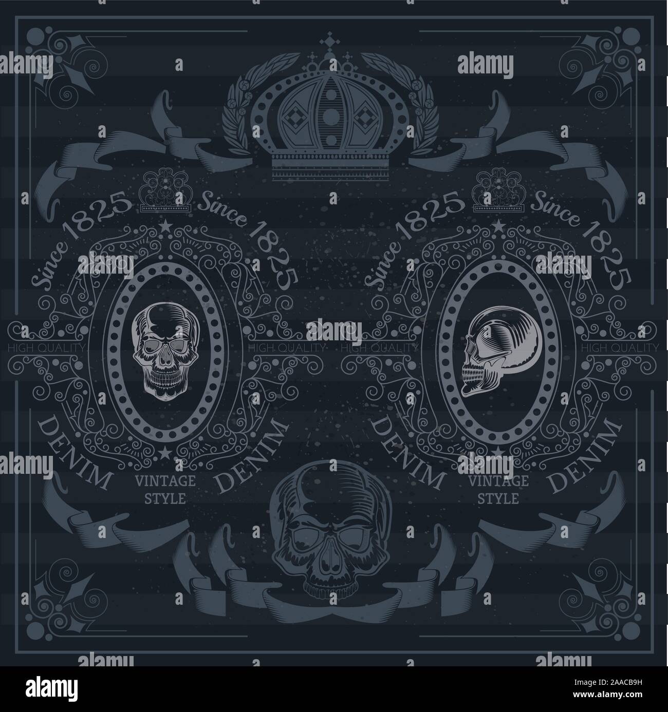 Two line pattern frames with skull front view and profile in center ...