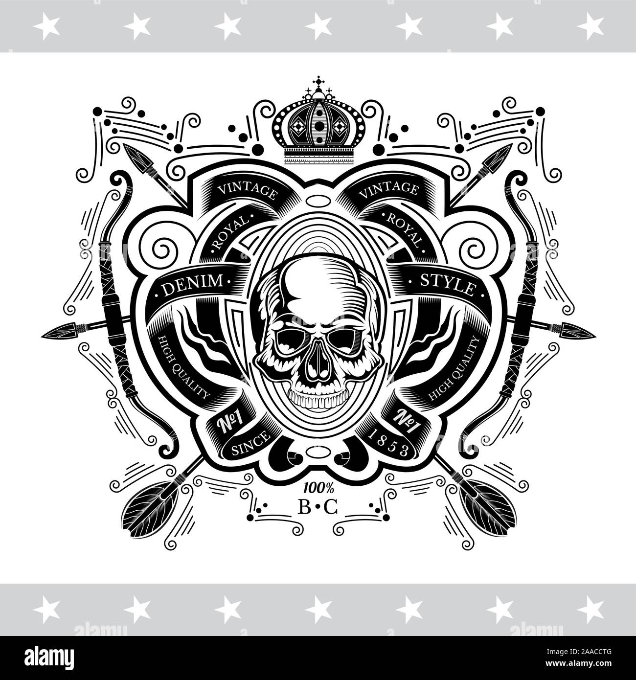 Skull front view between winding ribbons pattern and cross arrows with ...