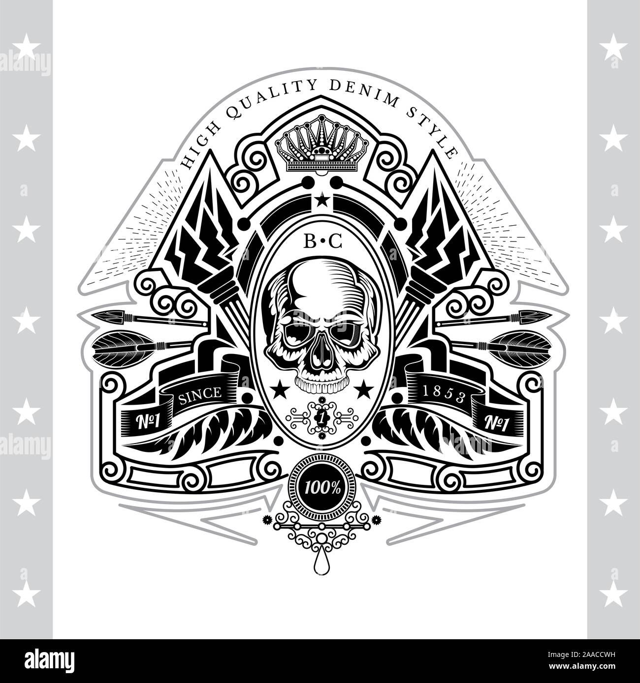 Skull front view between ribbon, cross arrows and torch. Heraldic ...