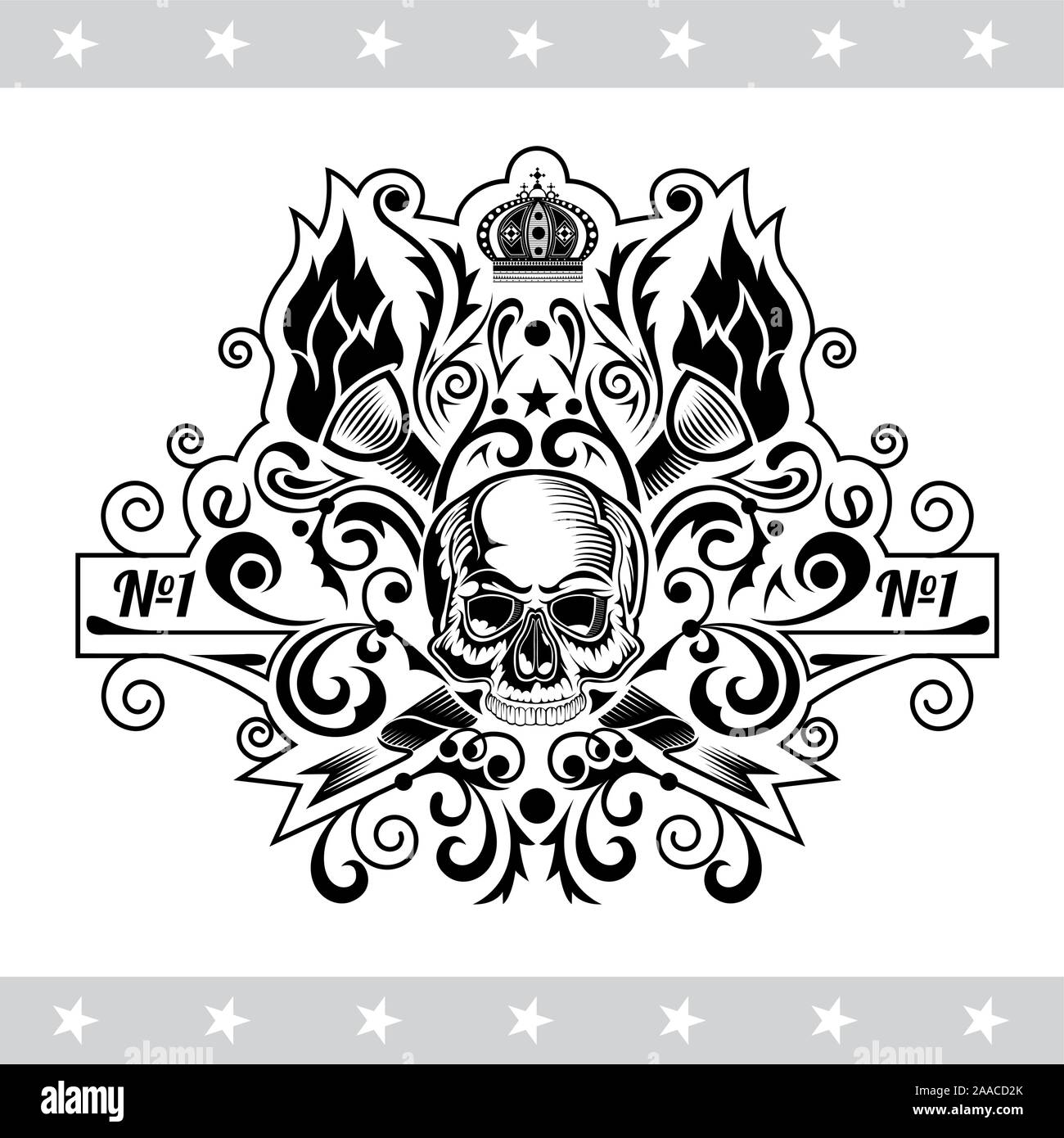 Skull front view in center of floral pattern and cross torches ...