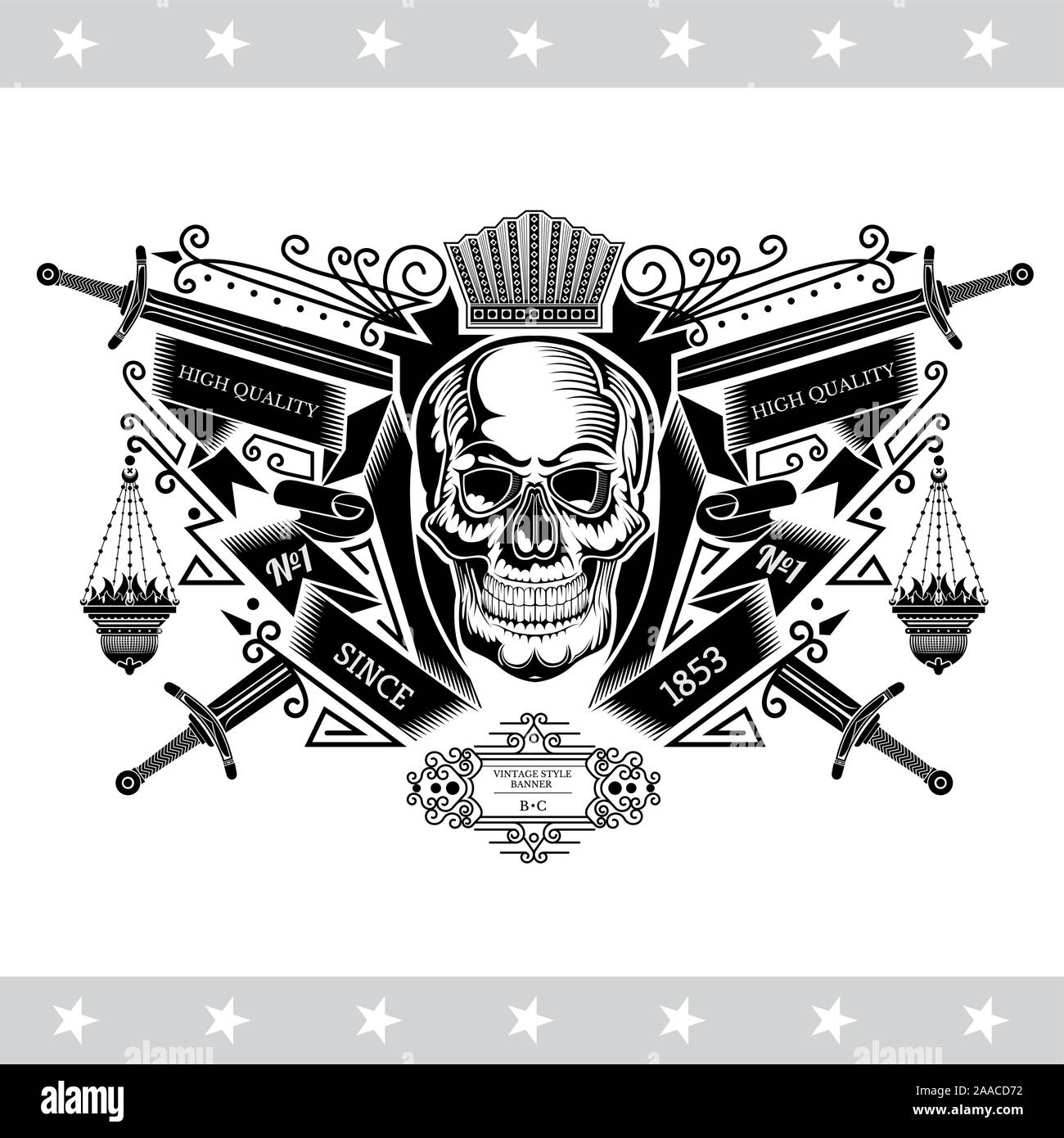 Skull front view in center of ribbon pattern with icon-lamps and cross ...