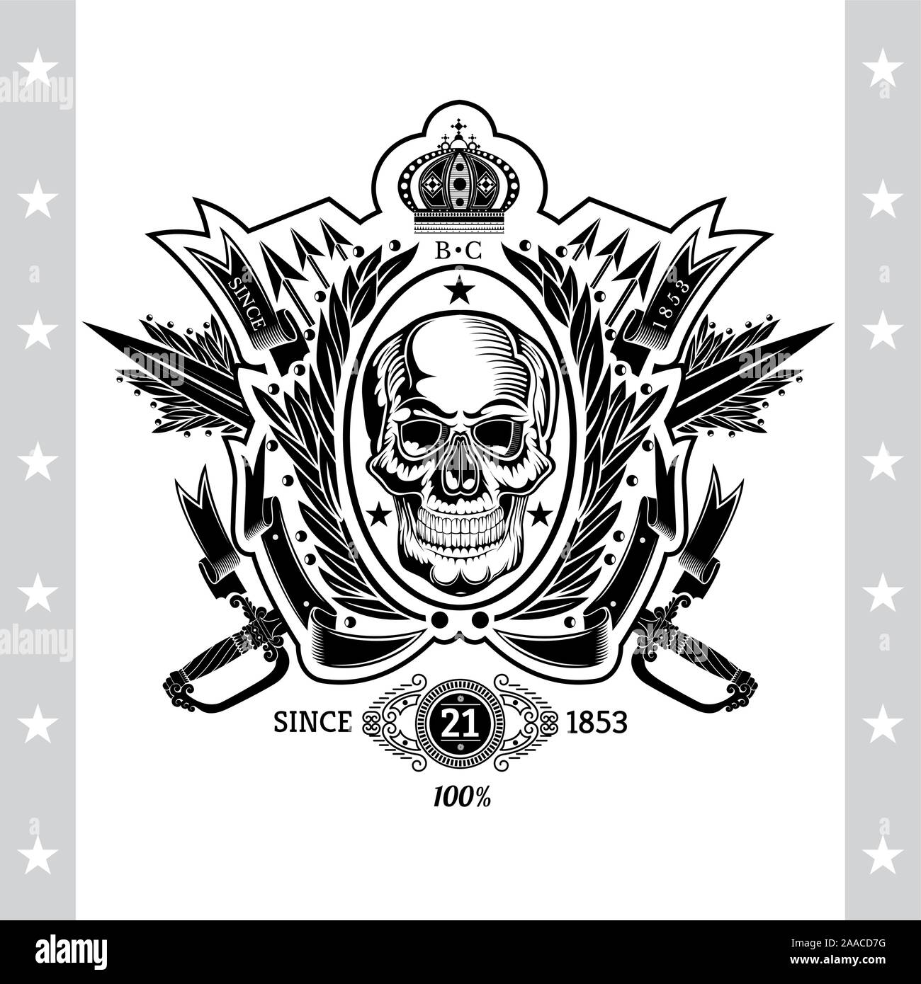 Skull front view in center of laurel wreath with cross sabers and ...