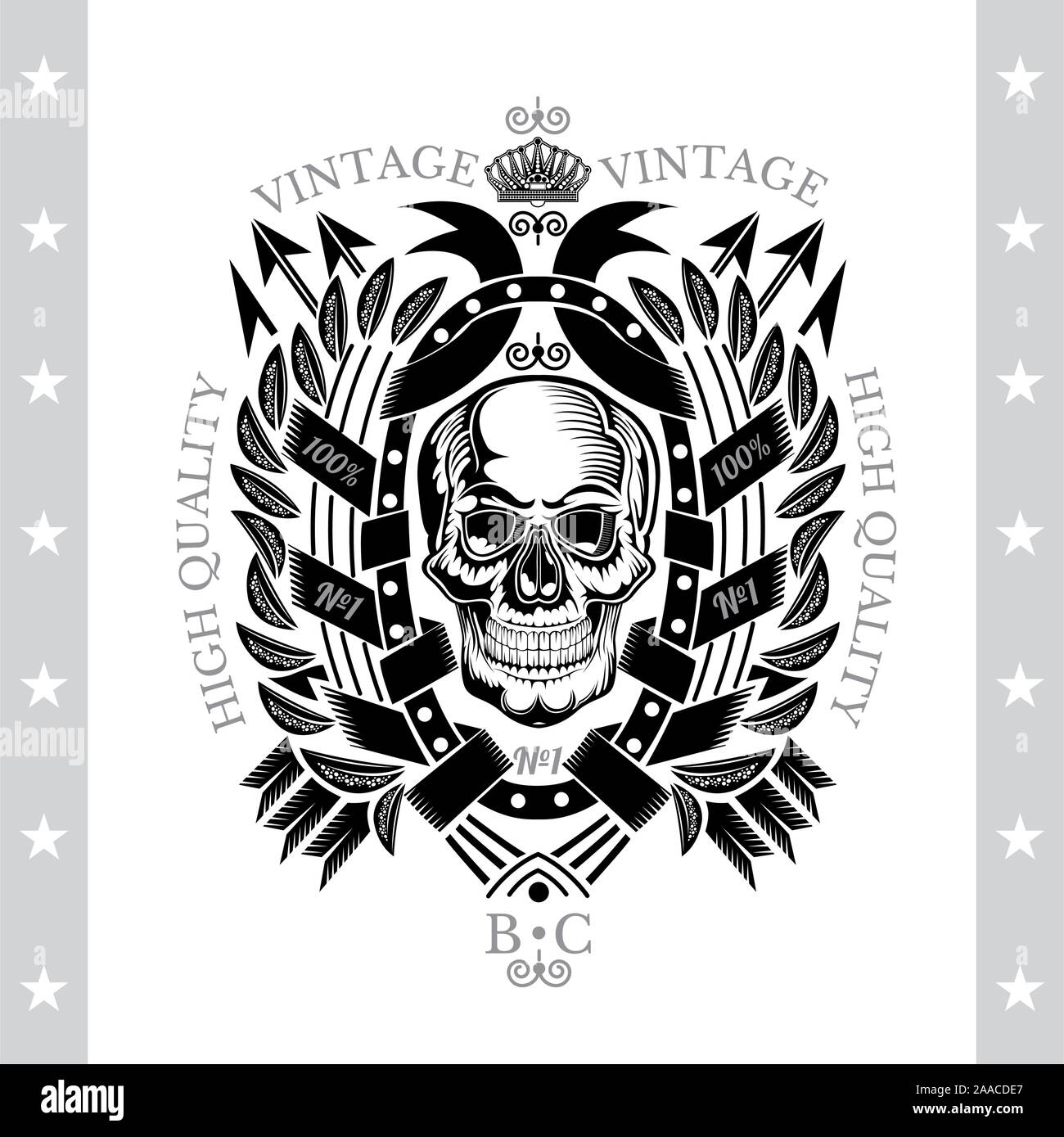 Skull front view with a lower jaw in center oval frame between wreath ...