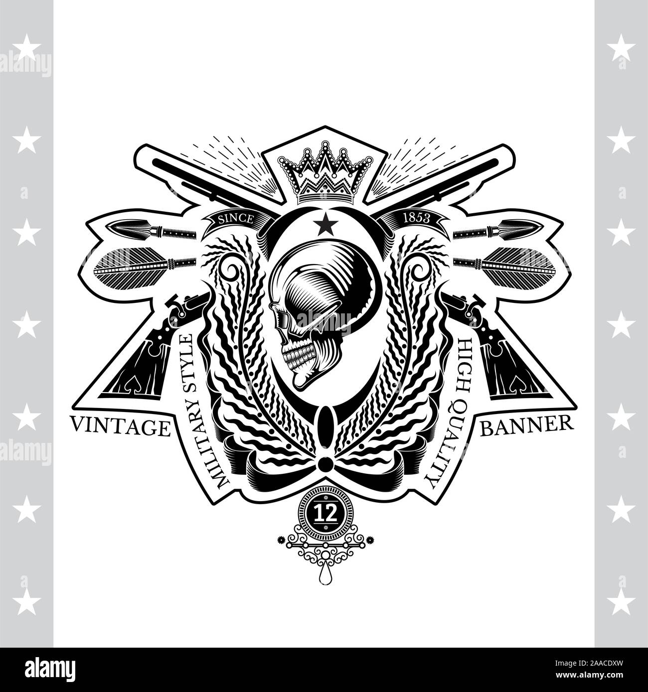 Skull profile view in center of palm wreath with cross rifle and arrows ...