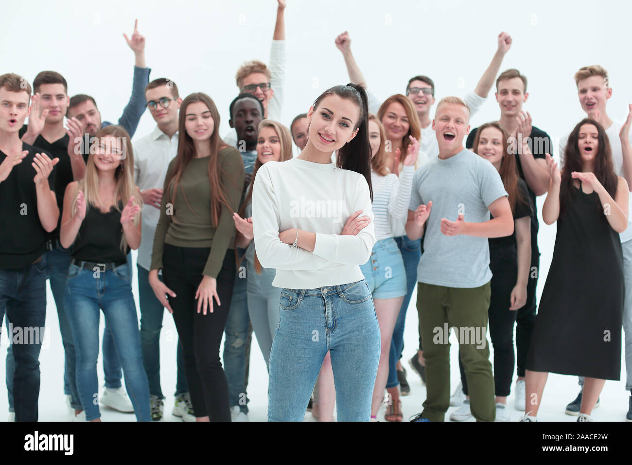 happy group leader standing in front of her team Stock Photo - Alamy